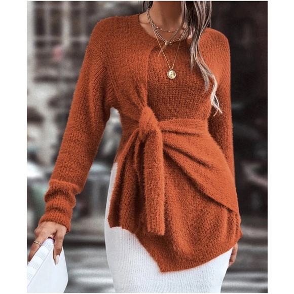 BellanBlue | Sweaters | Cozy Rust Orange Tie Front Fuzzy Sweater Top ...